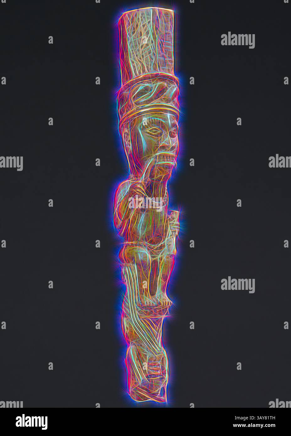 A stylized totem sculpture features intricate carvings of a figure with ...