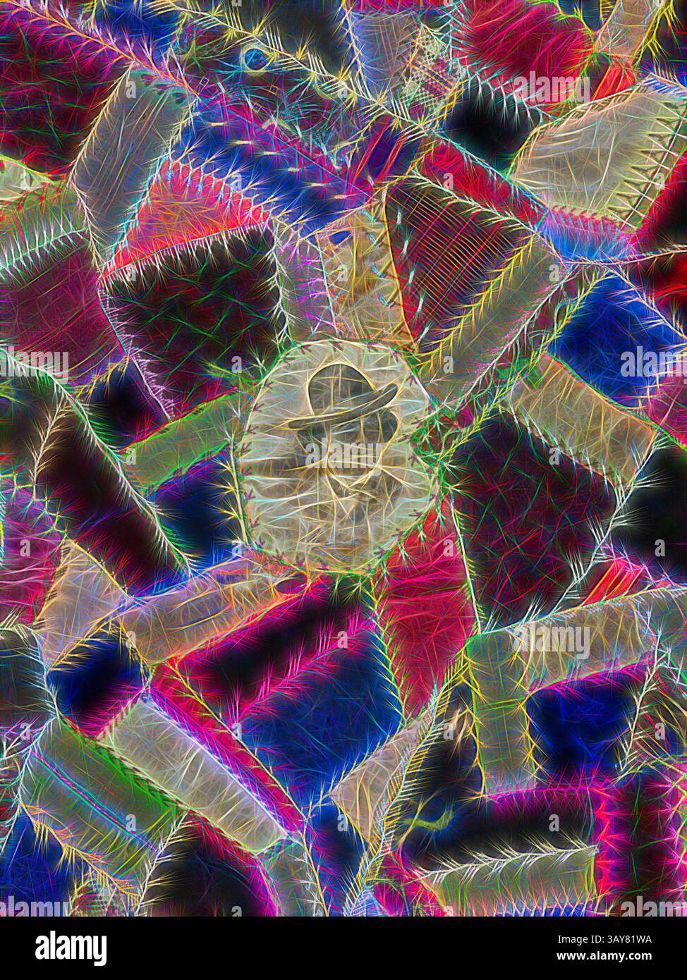 An abstract arrangement of vibrant geometric shapes intertwined with ...