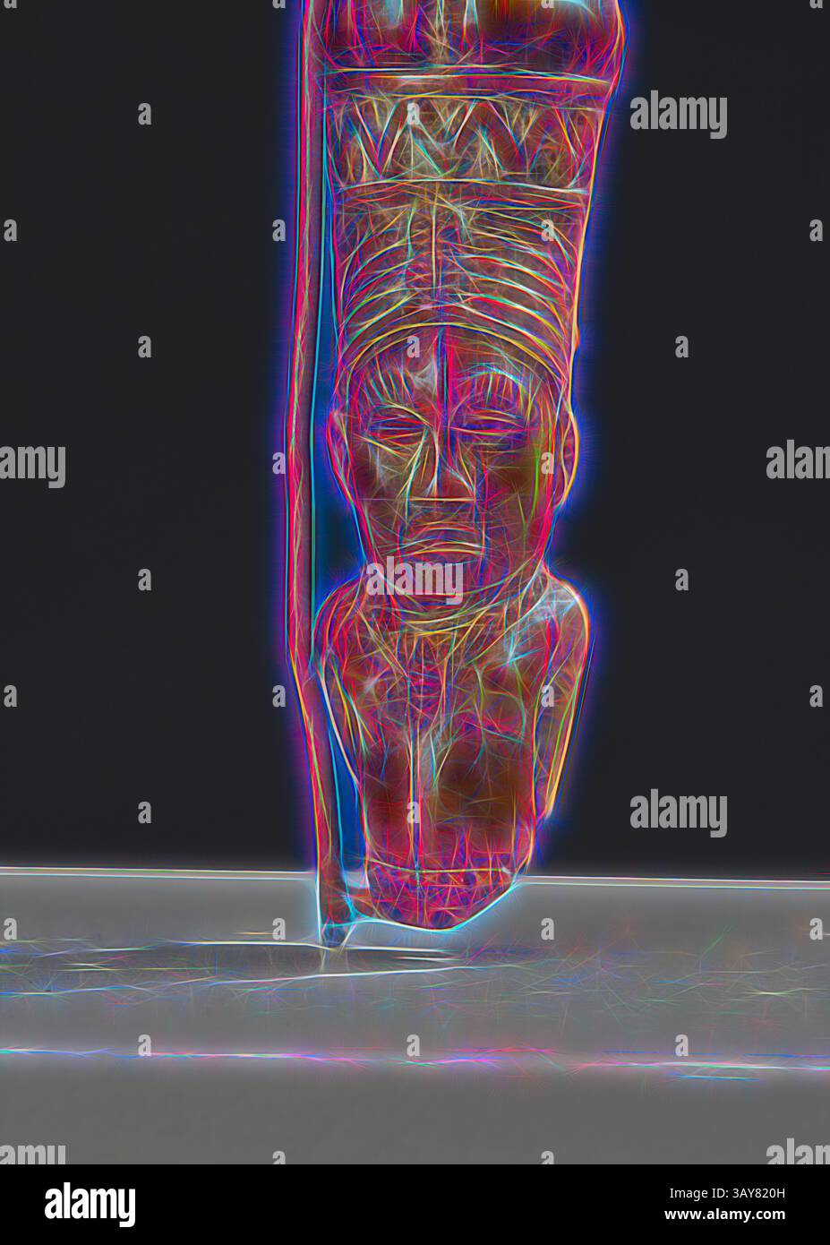 An intricately designed figure with a headdress and facial details ...