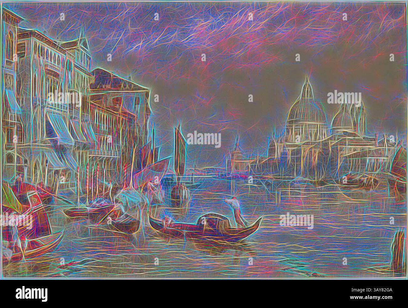 A vibrant depiction of a bustling canal scene, featuring gondolas ...