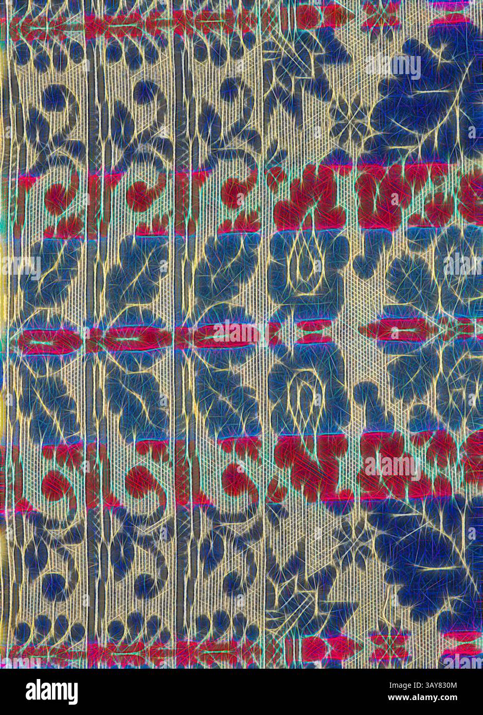 A vibrant textile pattern featuring intricate floral designs in shades of red, blue, and yellow ...