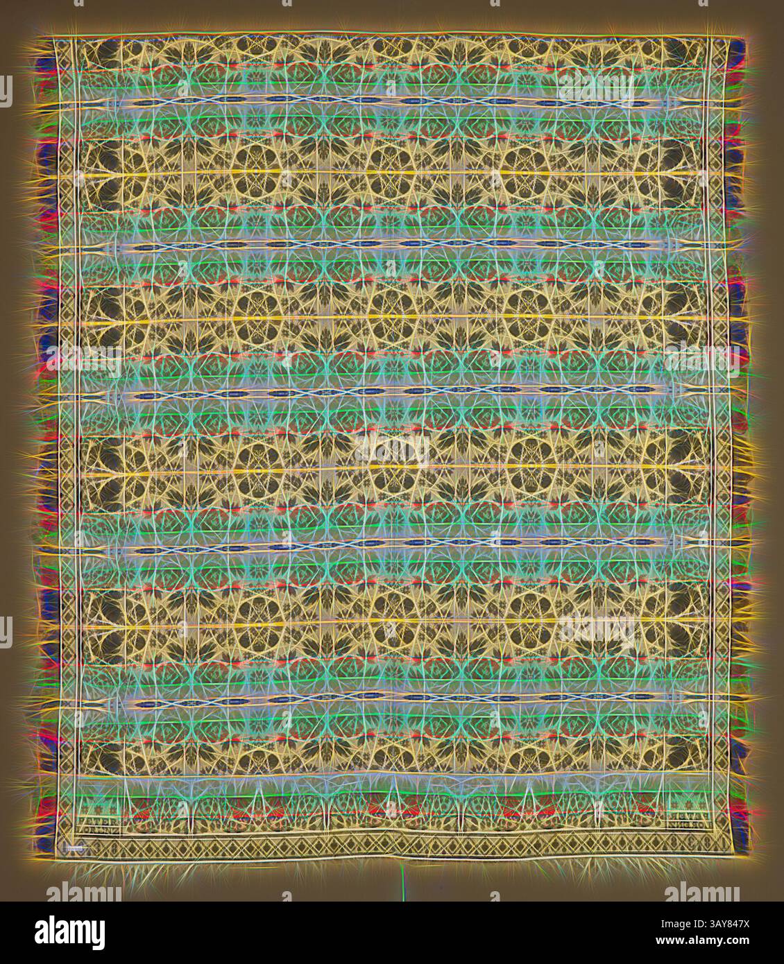 A vibrant textile featuring intricate geometric patterns and colorful ...
