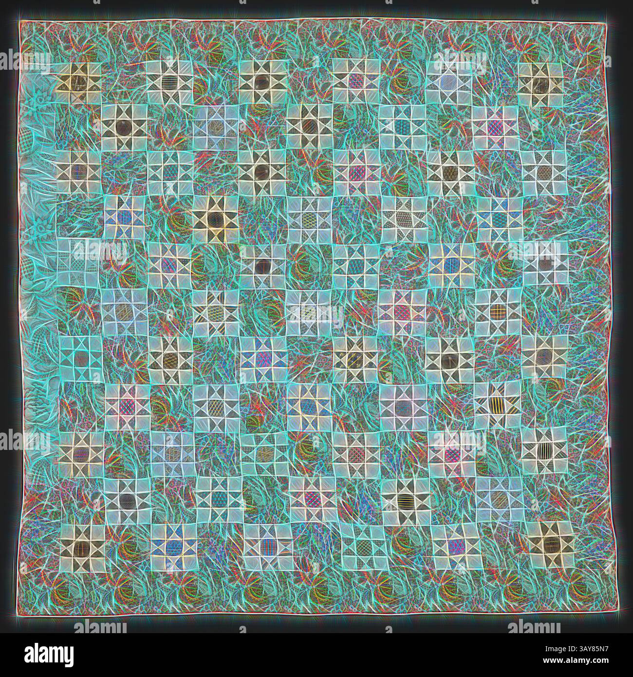 A vibrant quilt showcasing an intricate pattern of stars and geometric ...