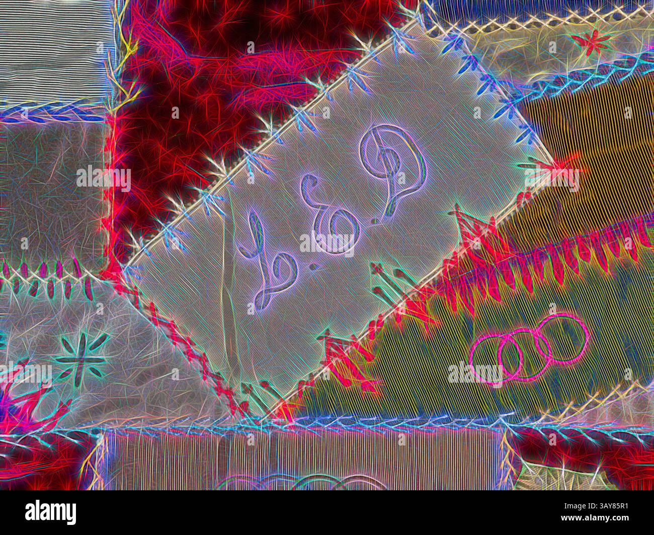 A vibrant arrangement of textile pieces adorned with intricate ...