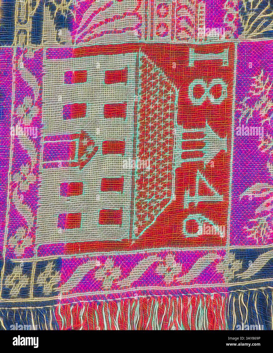 A vibrant textile features a house design and the year 1846, surrounded by intricate floral ...