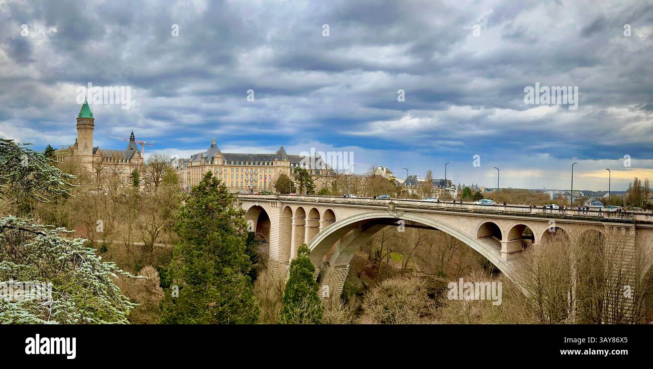 Panoramic view of a historic stone arch bridge and surrounding ...