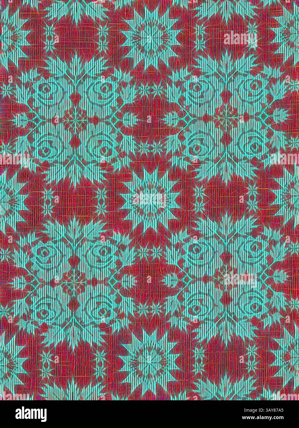 A vibrant textile design featuring an intricate pattern of bold star ...