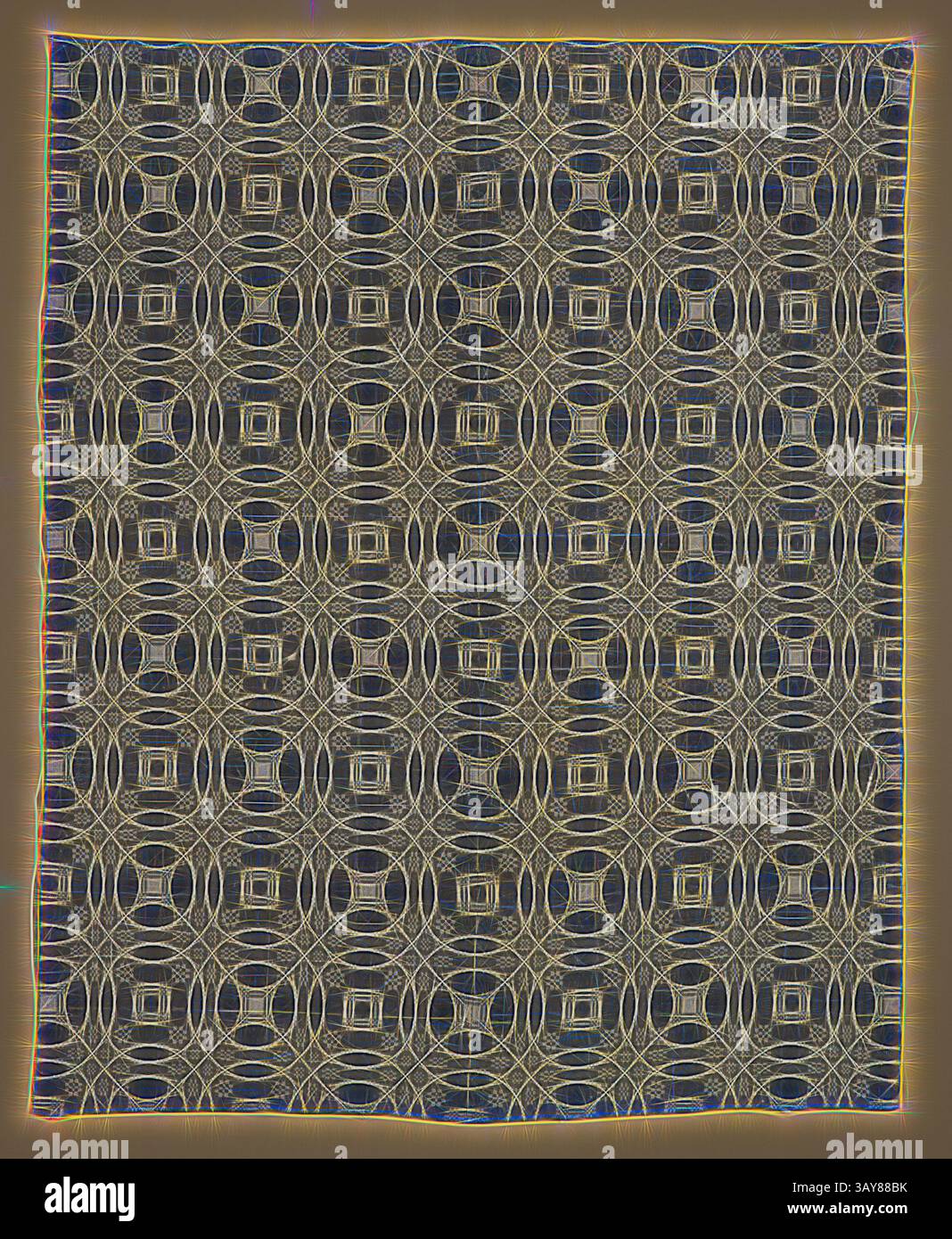 A textured fabric features an intricate geometric pattern of ...