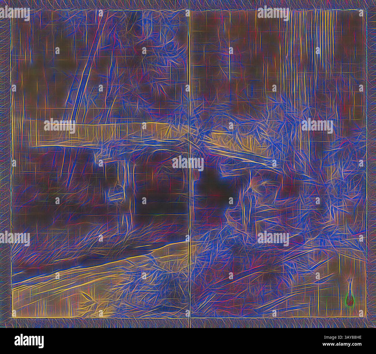 A vibrant interplay of colors and patterns creates an abstract ...