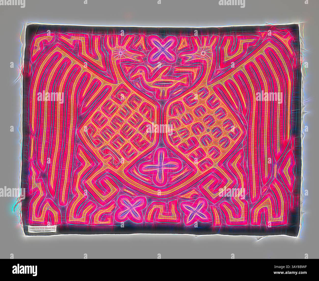 A vibrant textile featuring intricate patterns, including a prominent ...