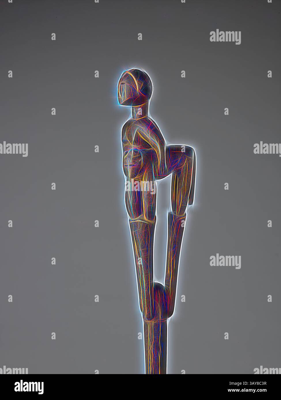 A stylized figure stands gracefully, characterized by elongated limbs ...