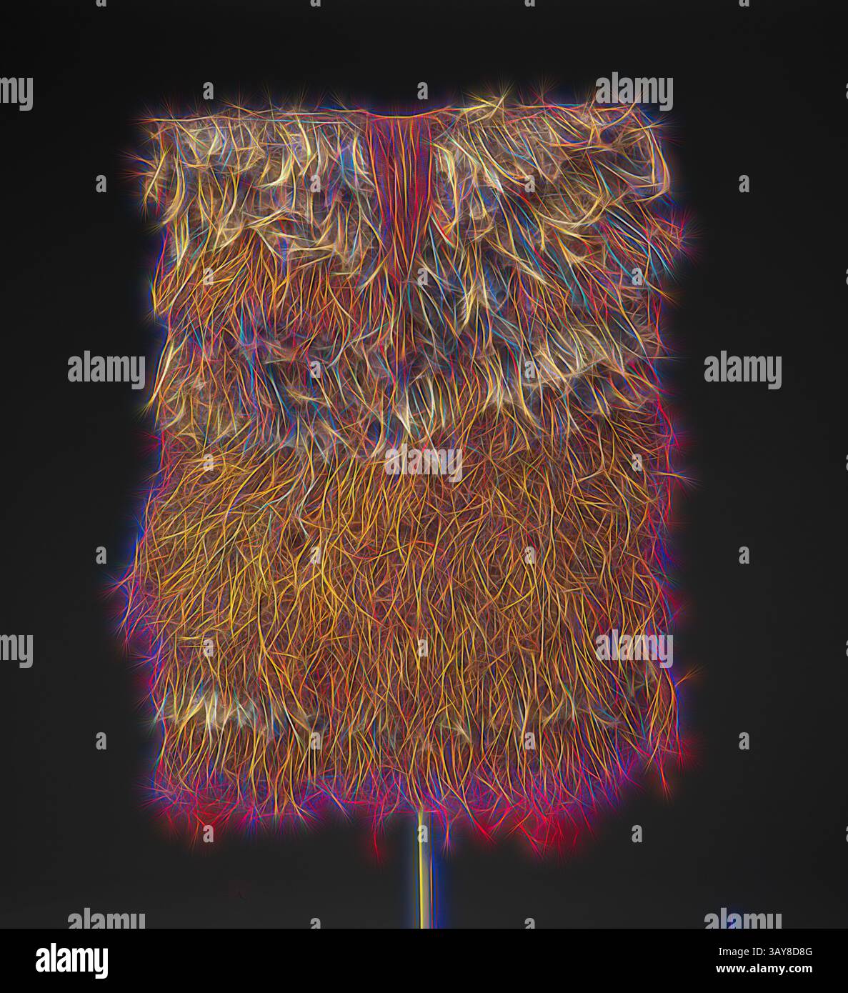 A textured, vibrantly colored piece resembling a shaggy garment ...