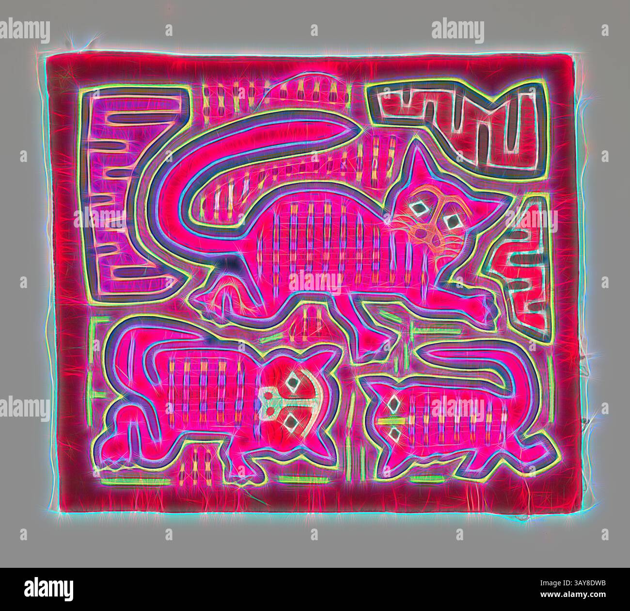 A vibrant abstract artwork featuring stylized cat figures intertwined ...