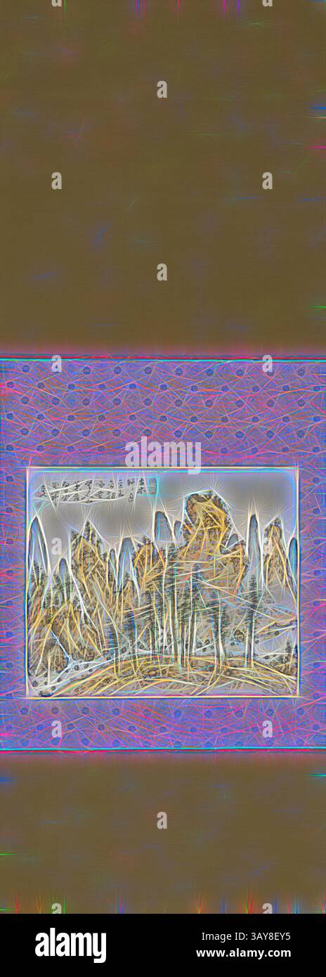 A stylized landscape features jagged mountains set against a vibrant ...