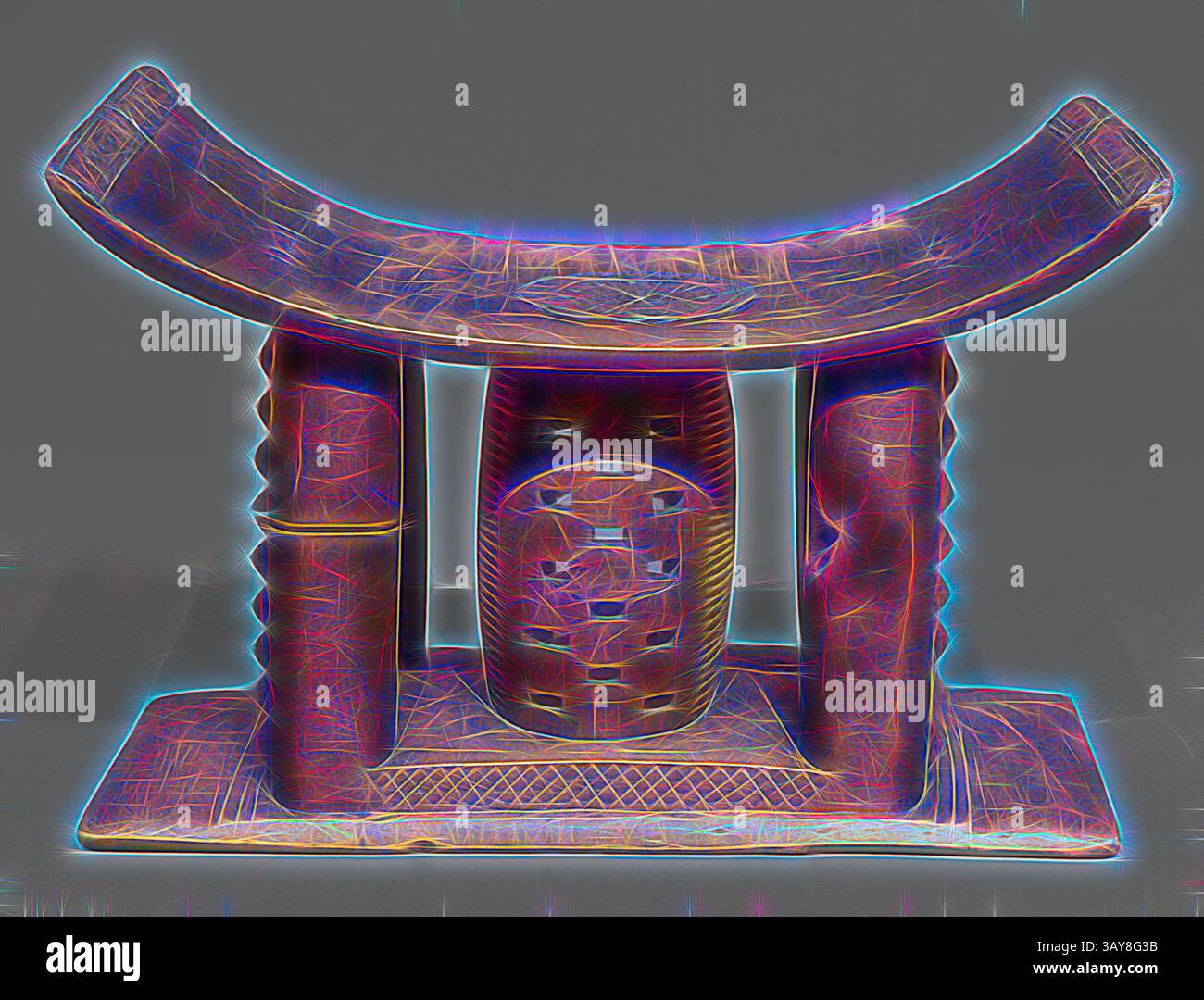 An intricately carved wooden artifact featuring a curved top and a ...