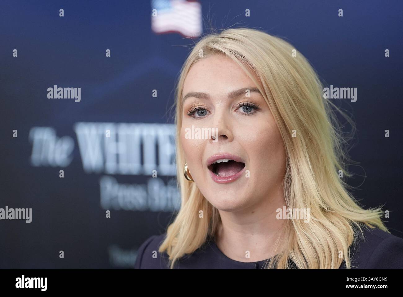 White House press secretary Karoline Leavitt speaks with reporters in the James Brady Press ...