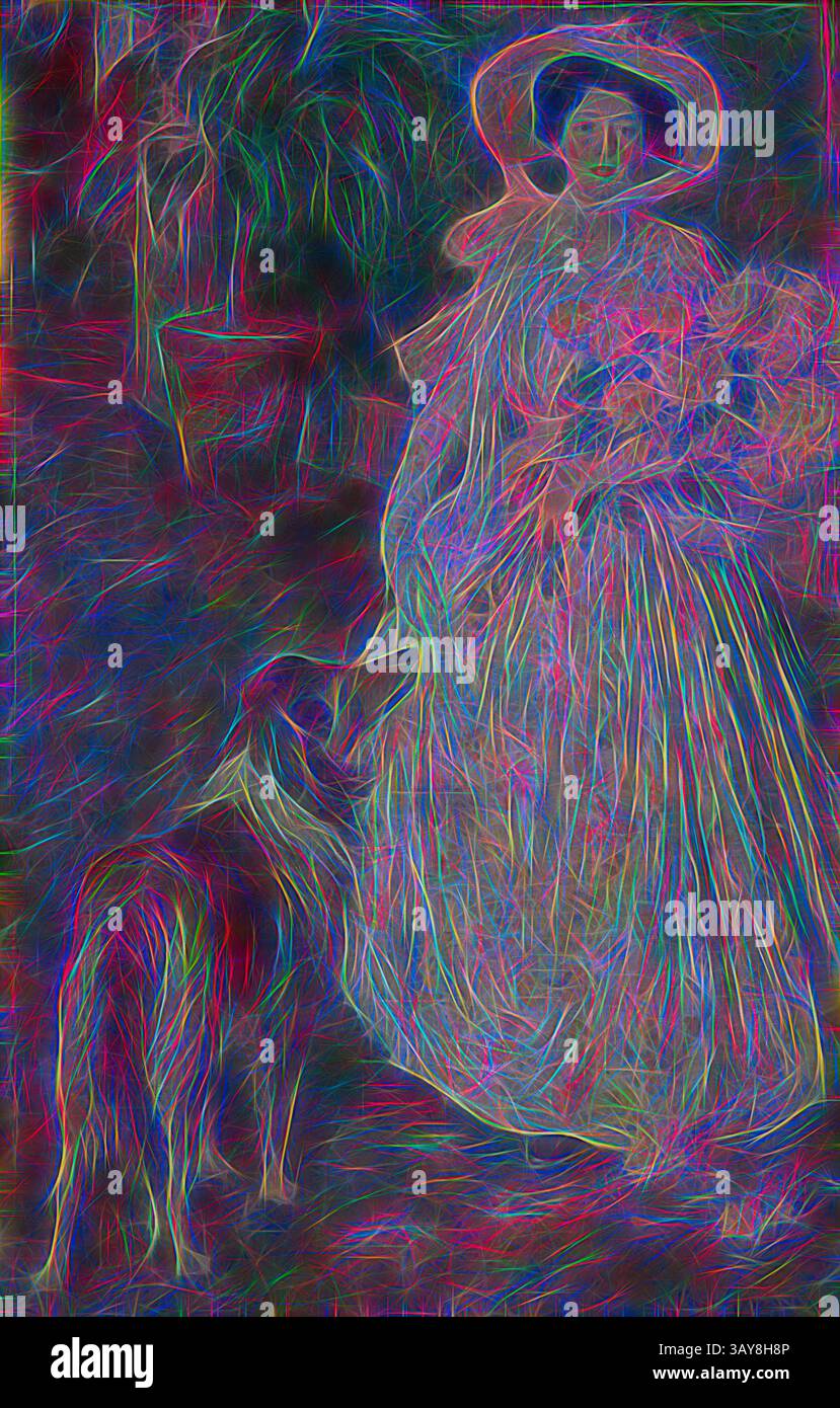 A woman in a flowing dress stands serenely, holding a bouquet of ...