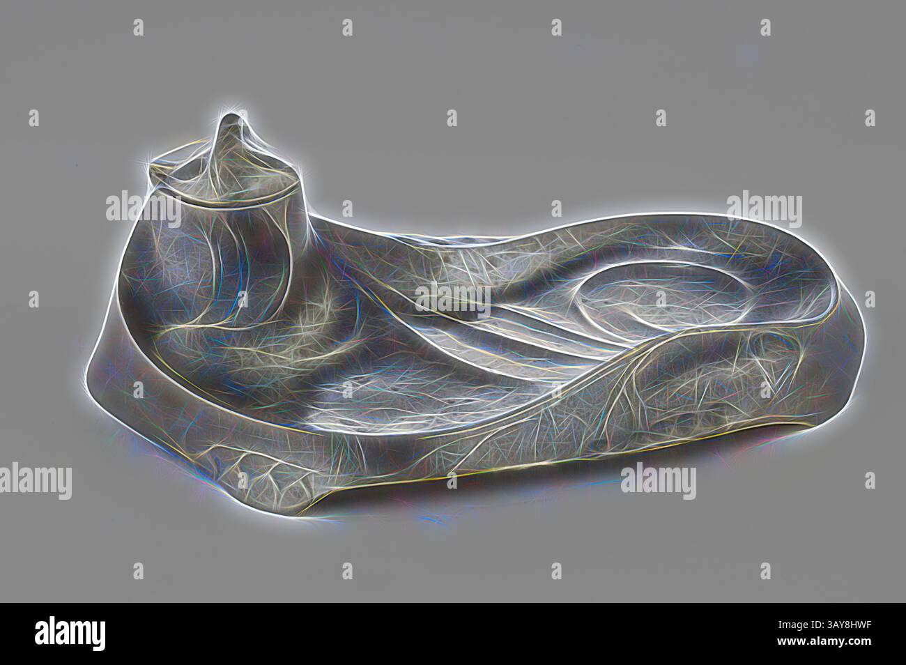 A stylized representation of a unique ceramic dish, featuring a ...