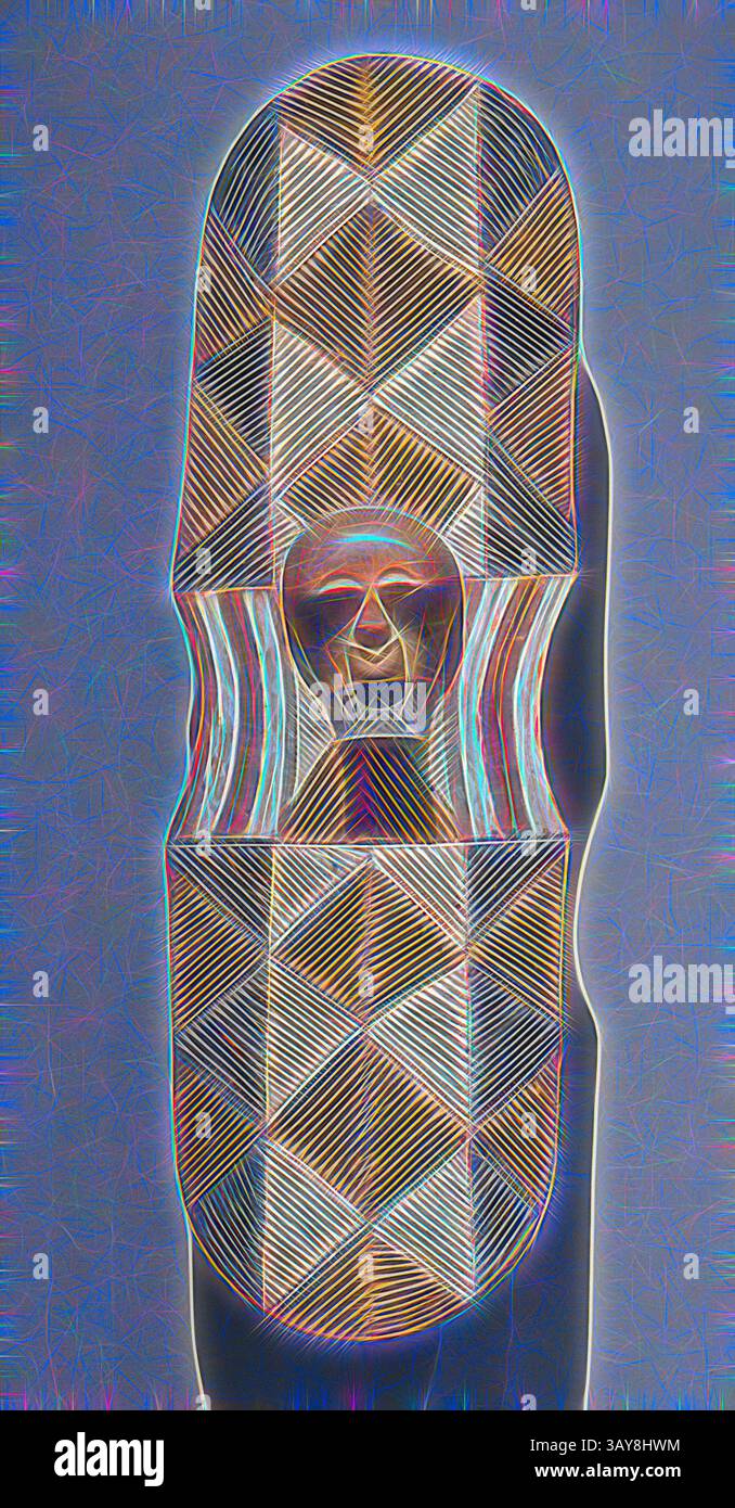 A stylized mask featuring intricate geometric patterns and vibrant ...