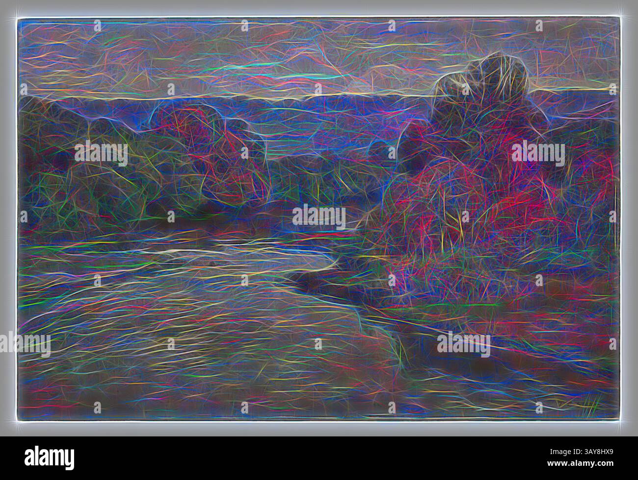 A serene landscape features a winding river surrounded by lush trees ...