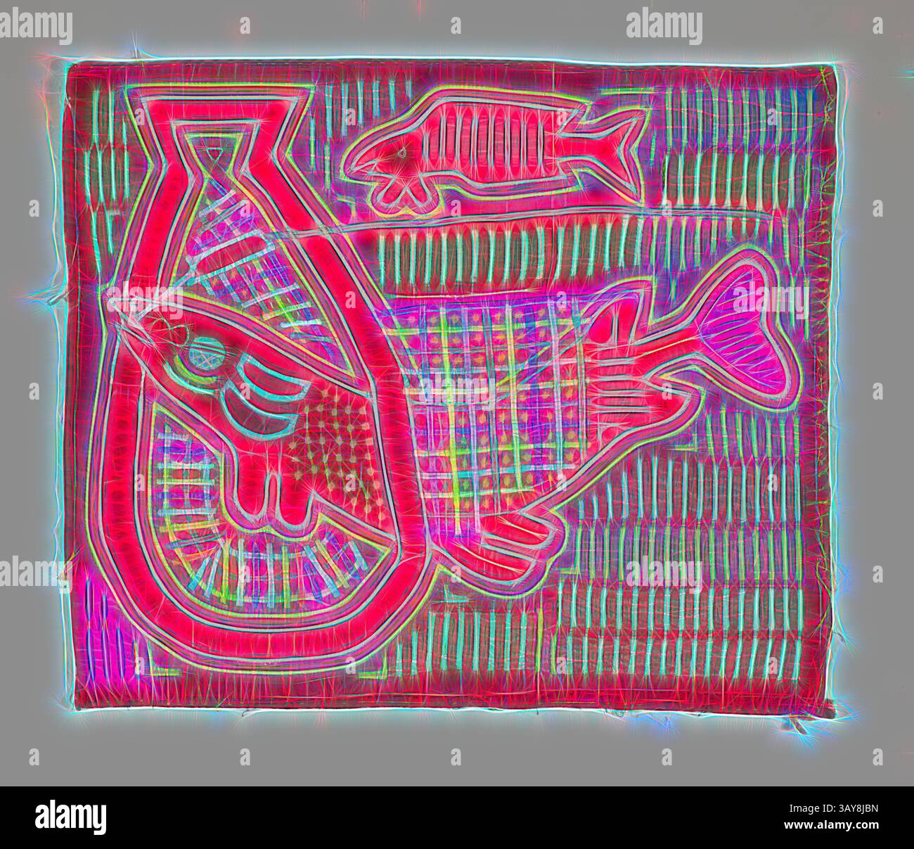 A vibrant textile design featuring stylized fish shapes and intricate ...