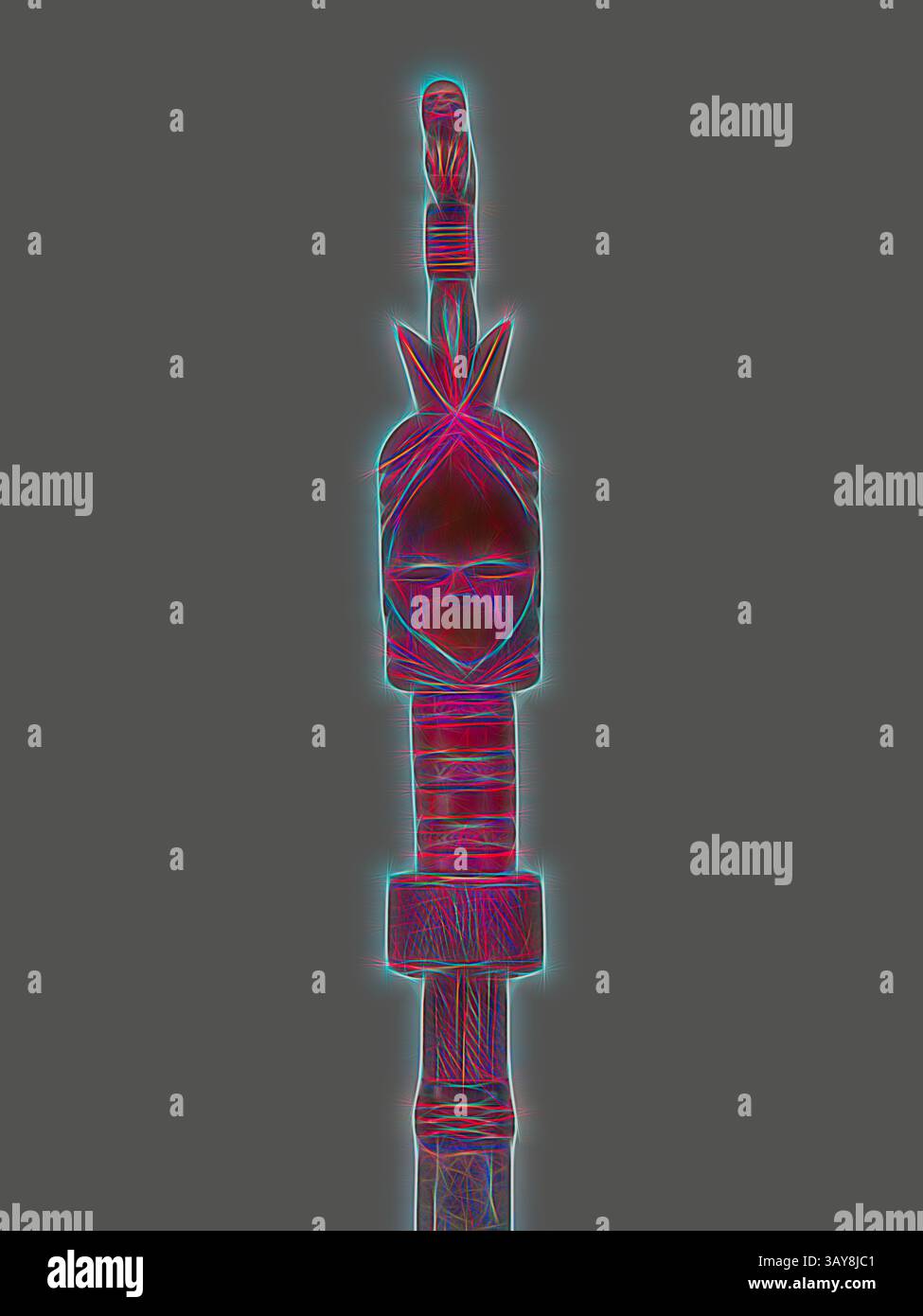 A stylized totem featuring an abstract face atop a decorative pole ...