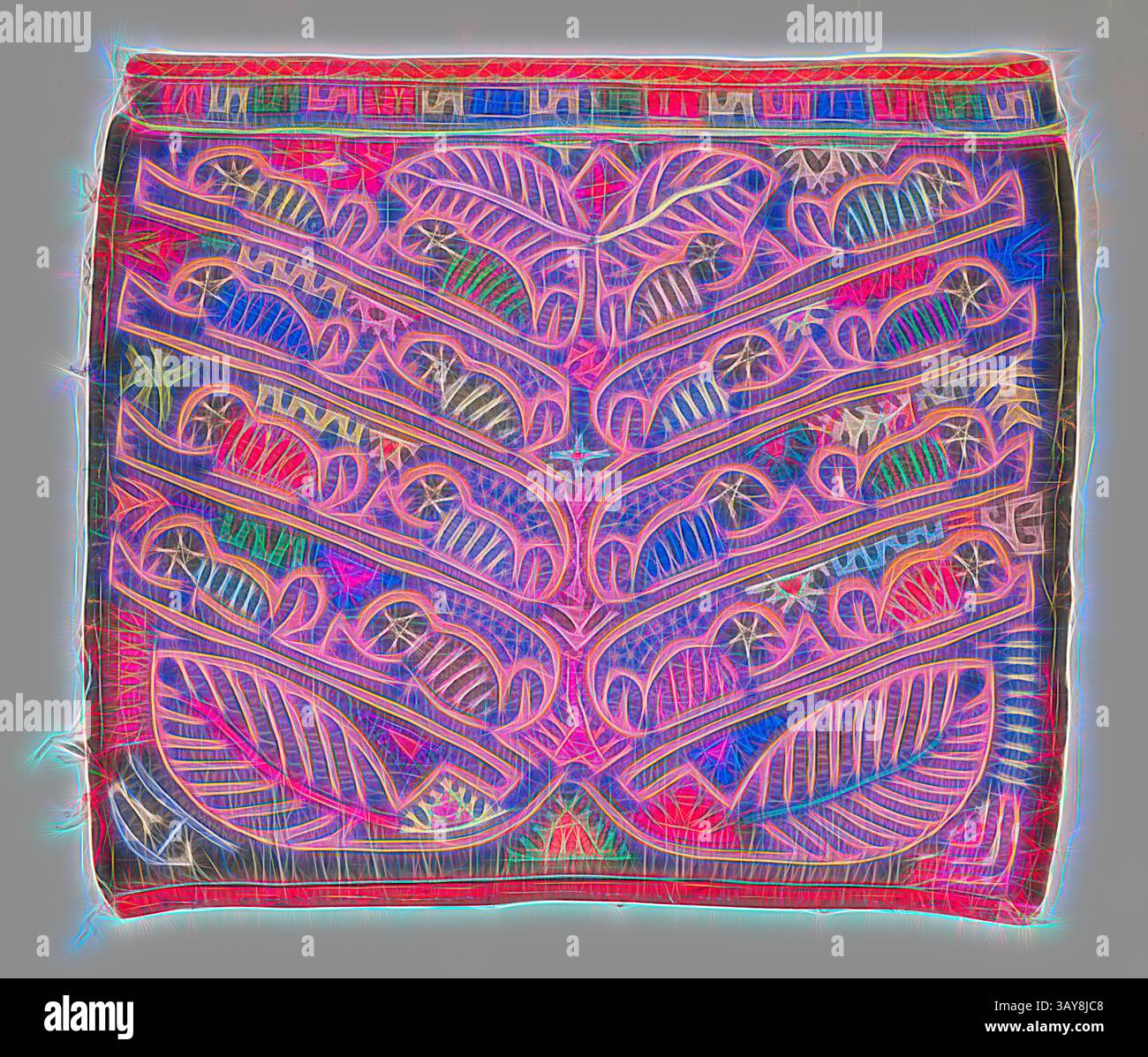 A vibrant textile featuring intricate patterns of leaves and floral ...