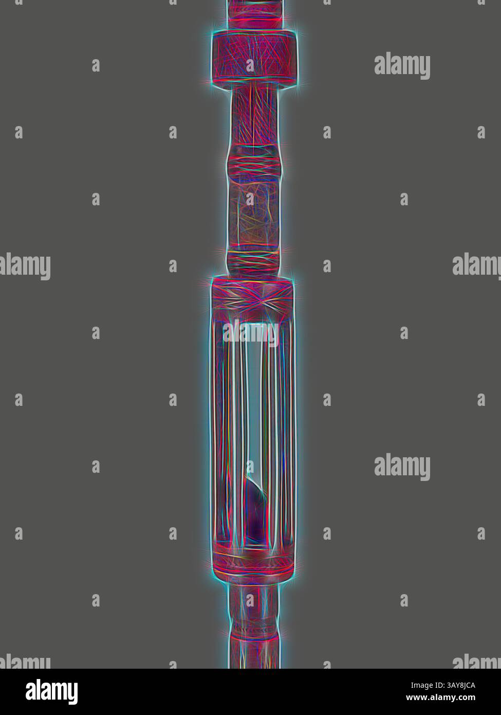 An intricately designed cylindrical object features a series of ...