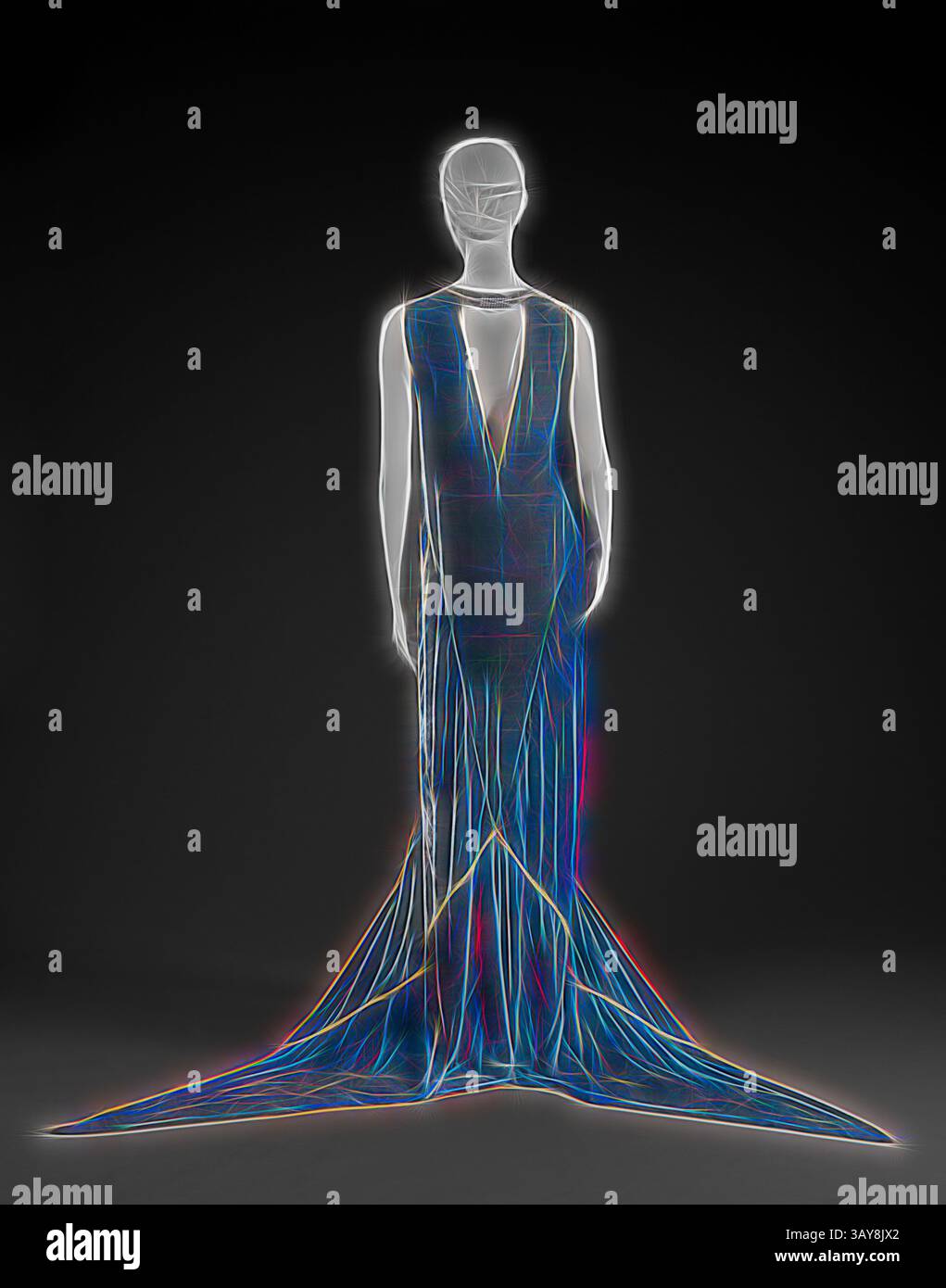 A stunning gown with flowing lines and intricate designs emanates a ...