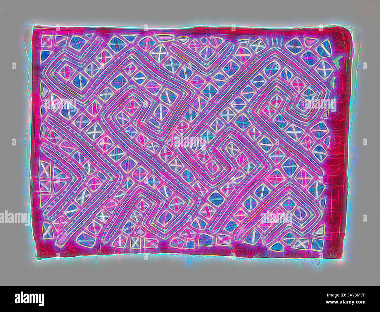 A vibrant textile featuring a complex maze of geometric patterns ...