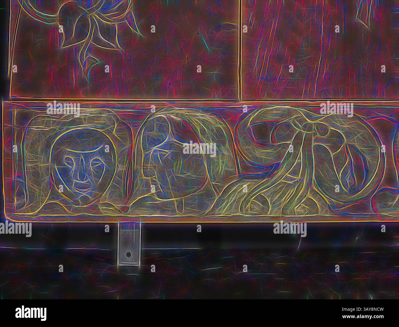 An intricate design featuring stylized faces and flowing patterns ...