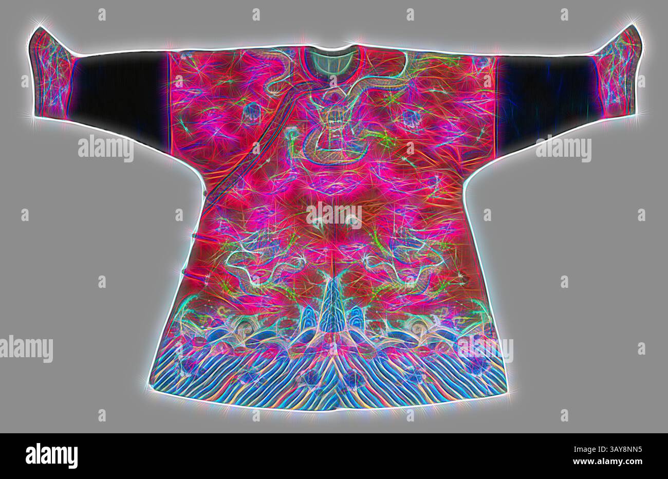 A vibrant and intricately designed garment features swirling patterns ...