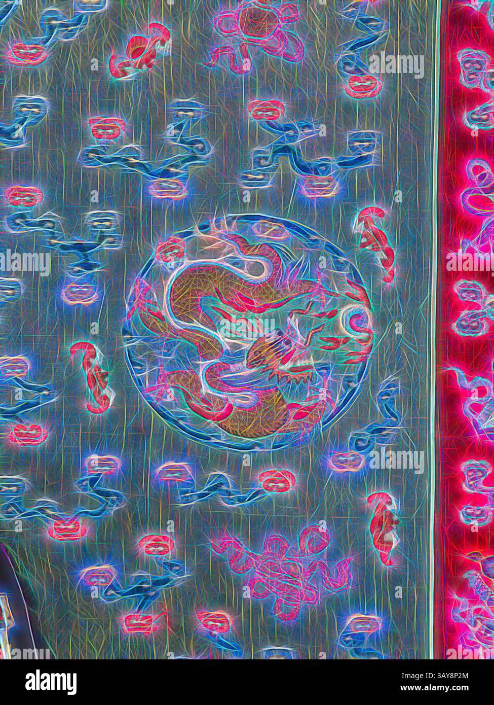 An intricate pattern featuring vibrant motifs, including a dragon at ...
