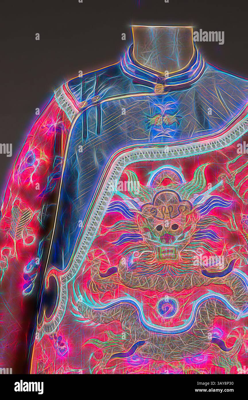 A vibrant, intricately designed garment featuring a dragon motif, with ...