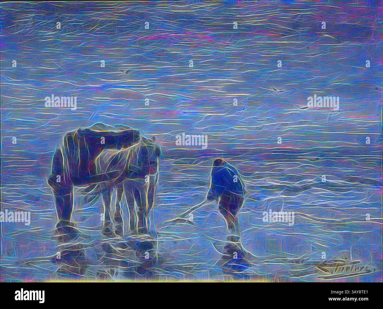 A serene scene depicting two elephants standing together near a ...