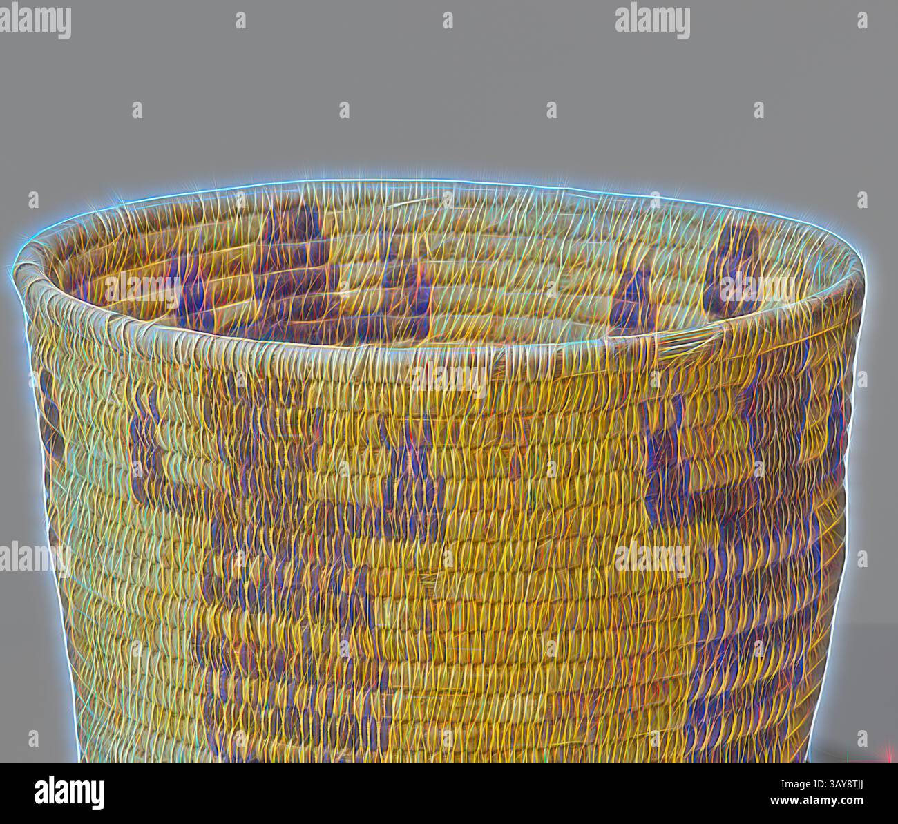 A beautifully woven basket featuring intricate patterns and vibrant ...