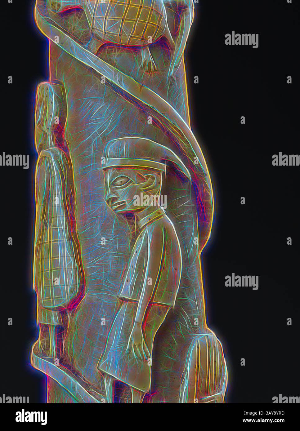 A intricately carved sculpture featuring stylized human figures and ...