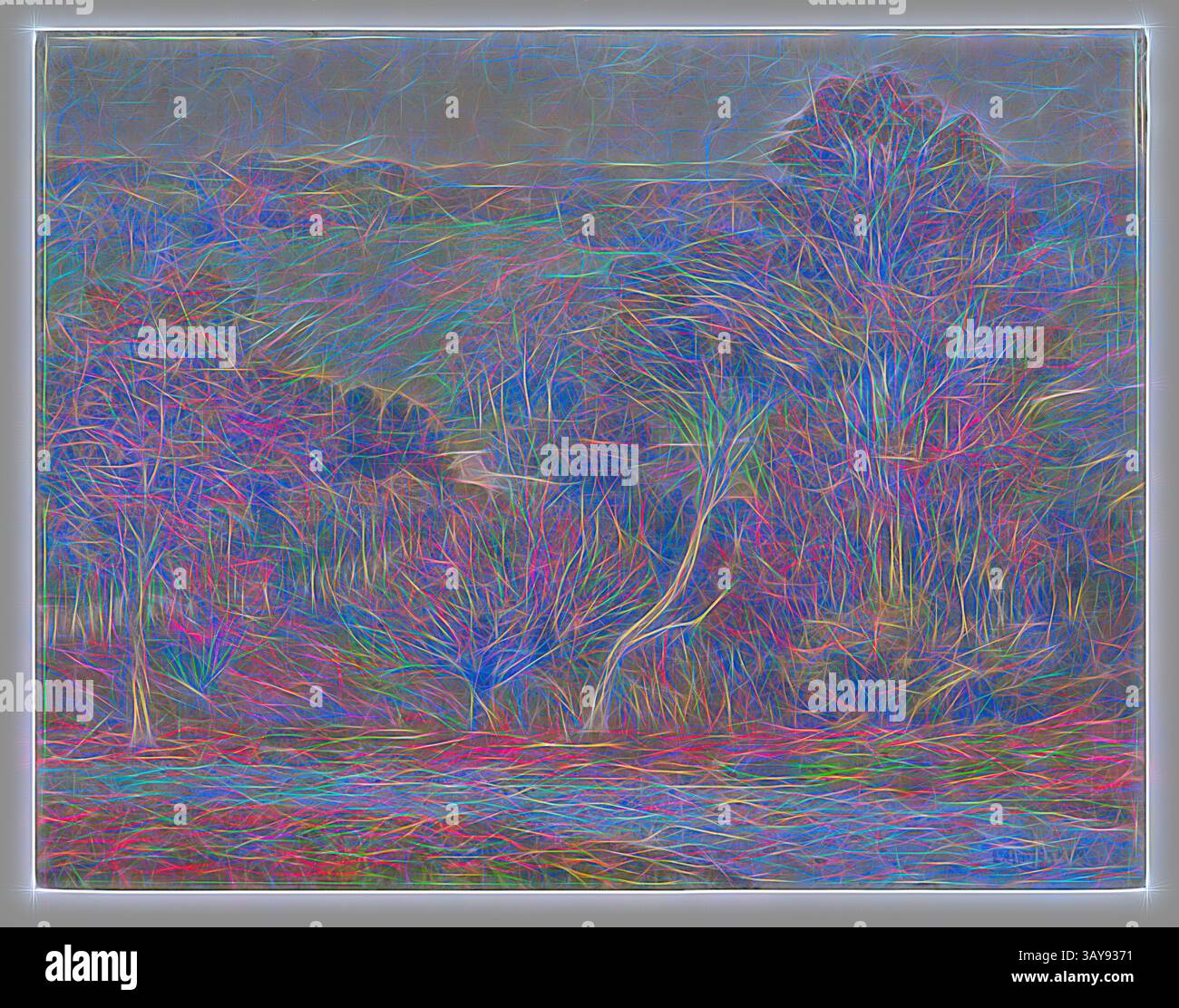 A vibrant, abstract representation of a serene landscape featuring ...