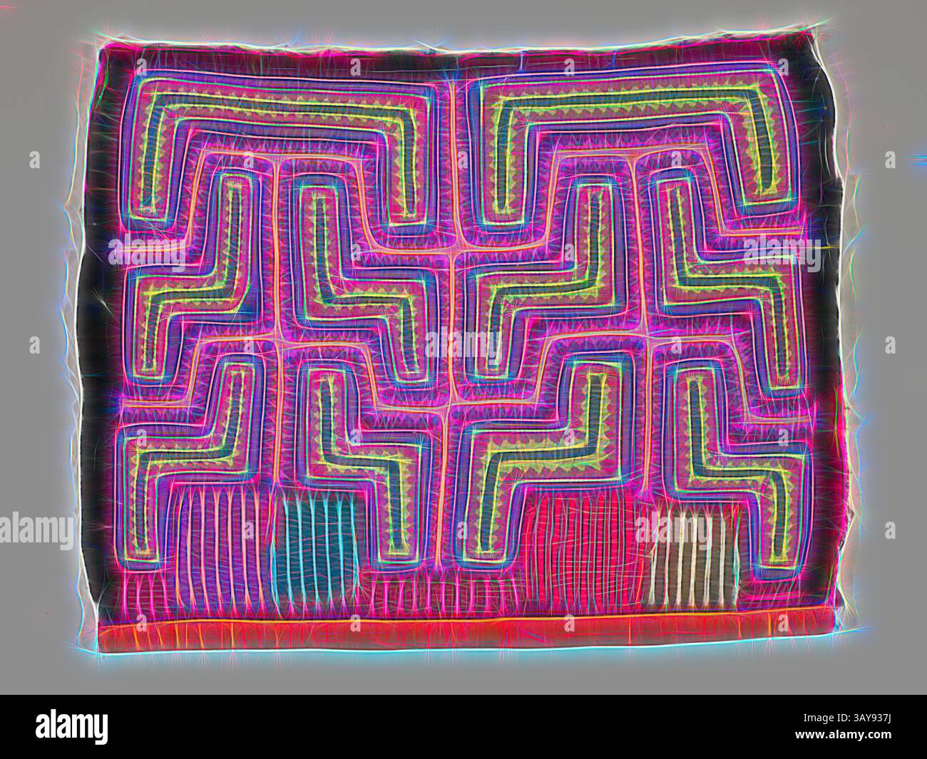 A vibrant textile featuring intricate geometric patterns in bold colors ...