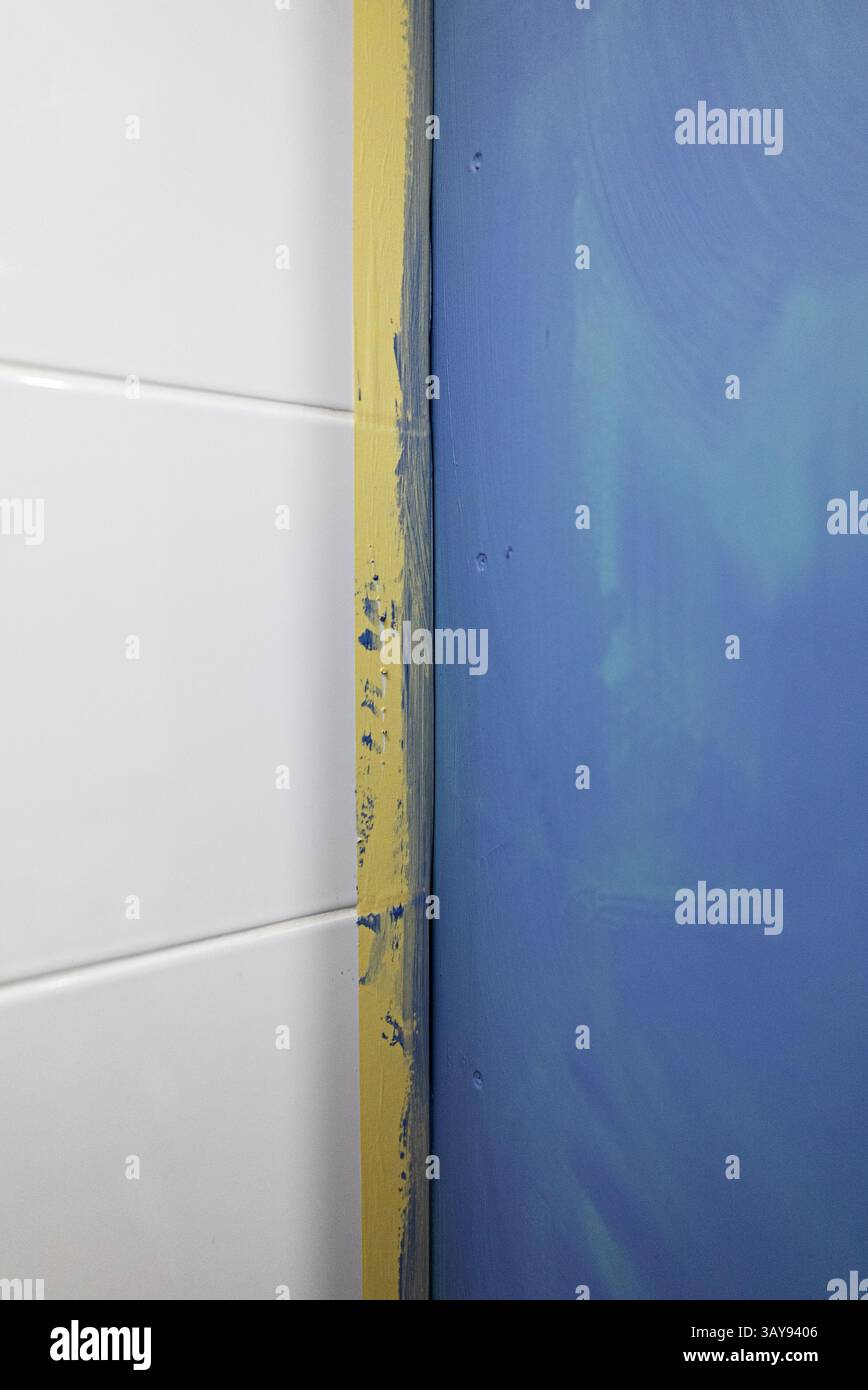 Bathroom renovation with blue waterproofing and drywall panels Stock ...