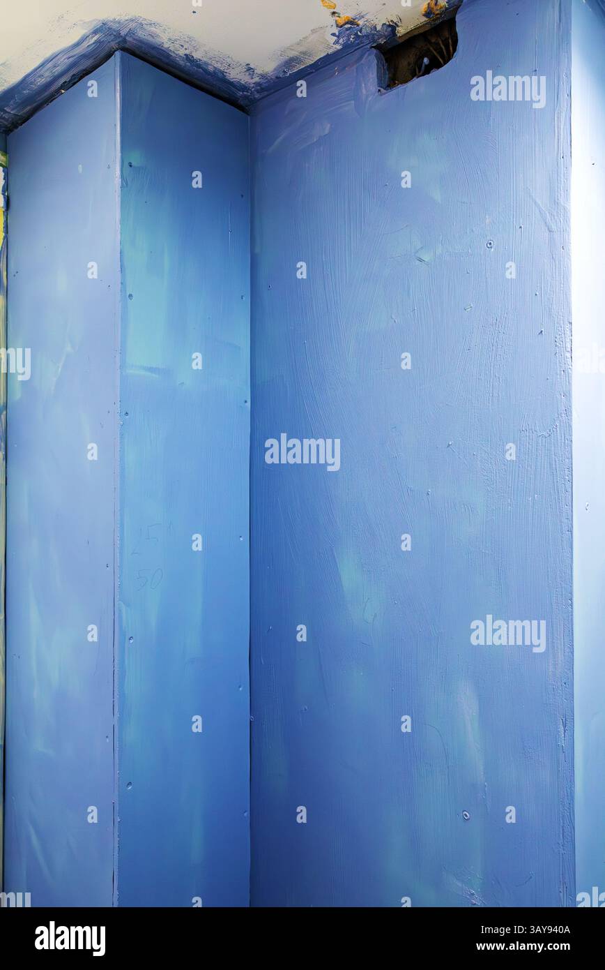 Bathroom renovation with blue waterproofing and drywall panels Stock ...