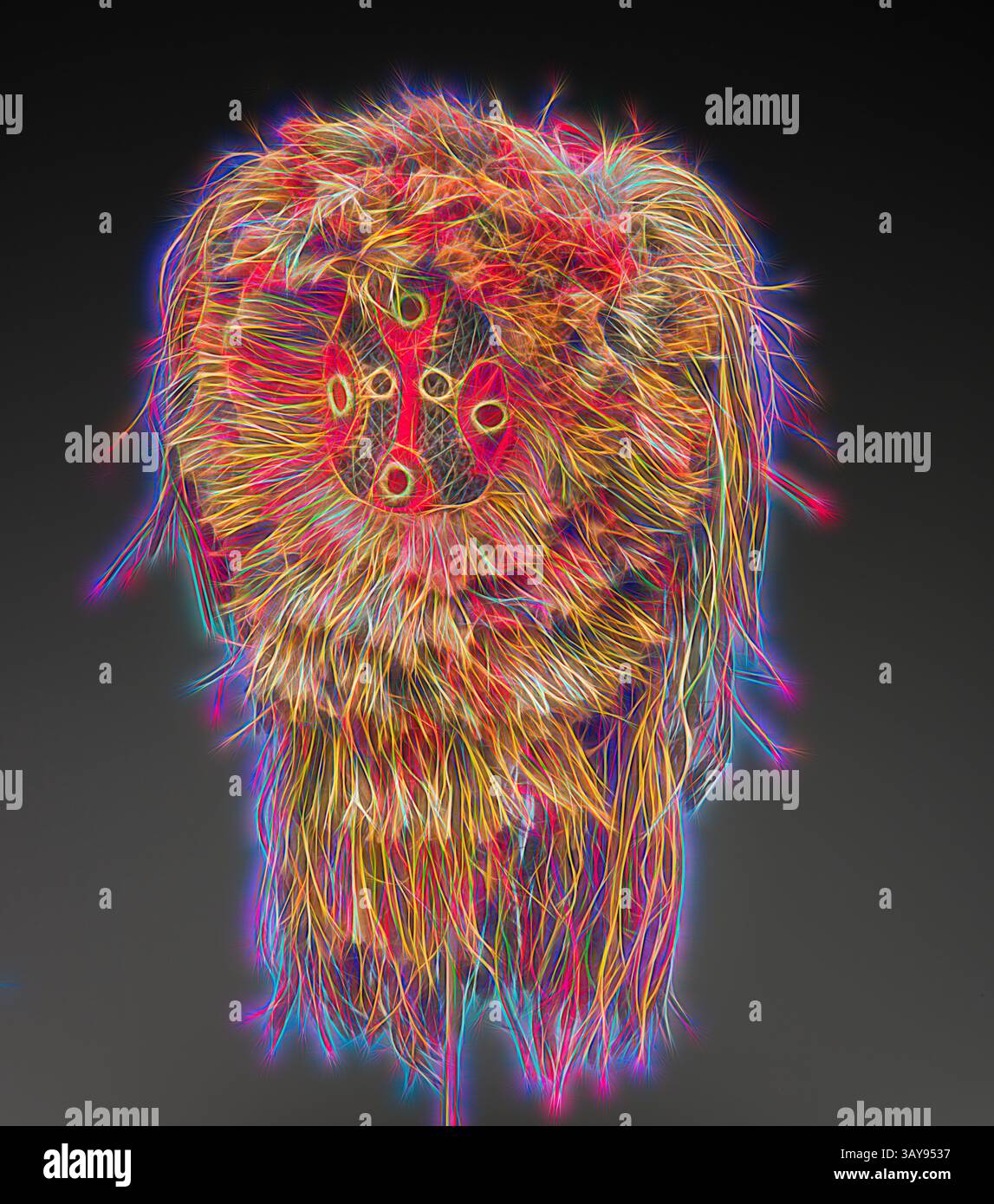 A vividly designed mask adorned with colorful, flowing fibers and ...