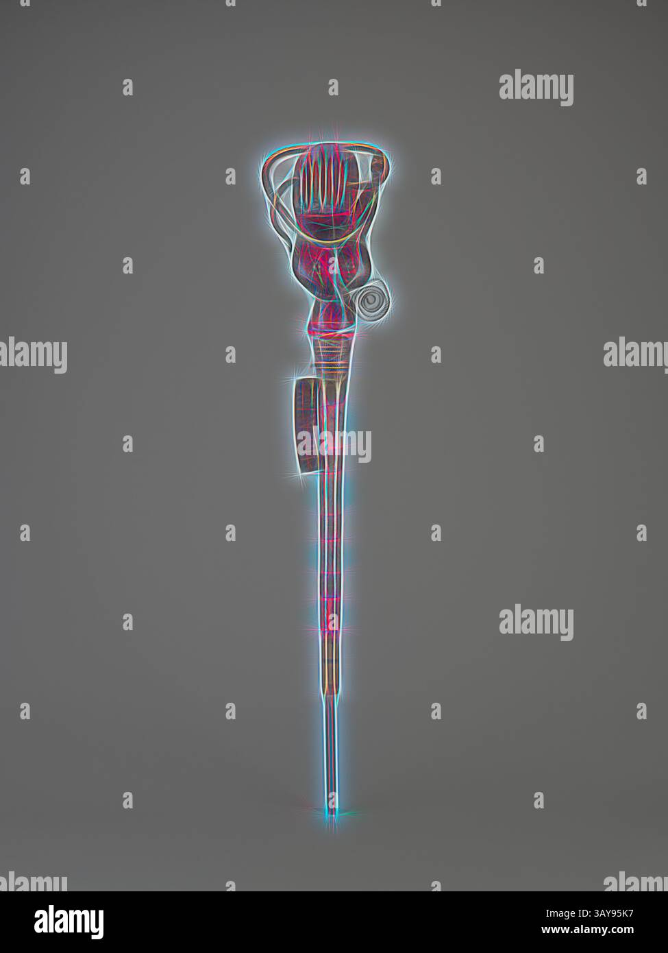 A stylized representation of a walking cane, featuring a unique handle ...
