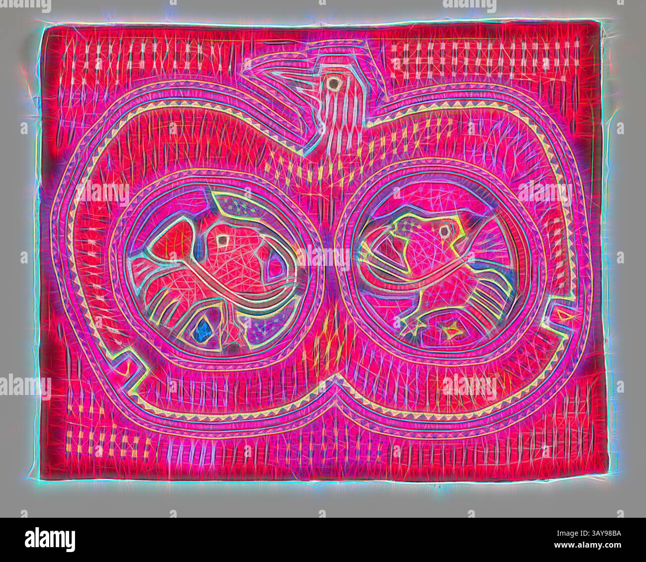 A vibrant textile featuring two stylized fish surrounded by intricate ...