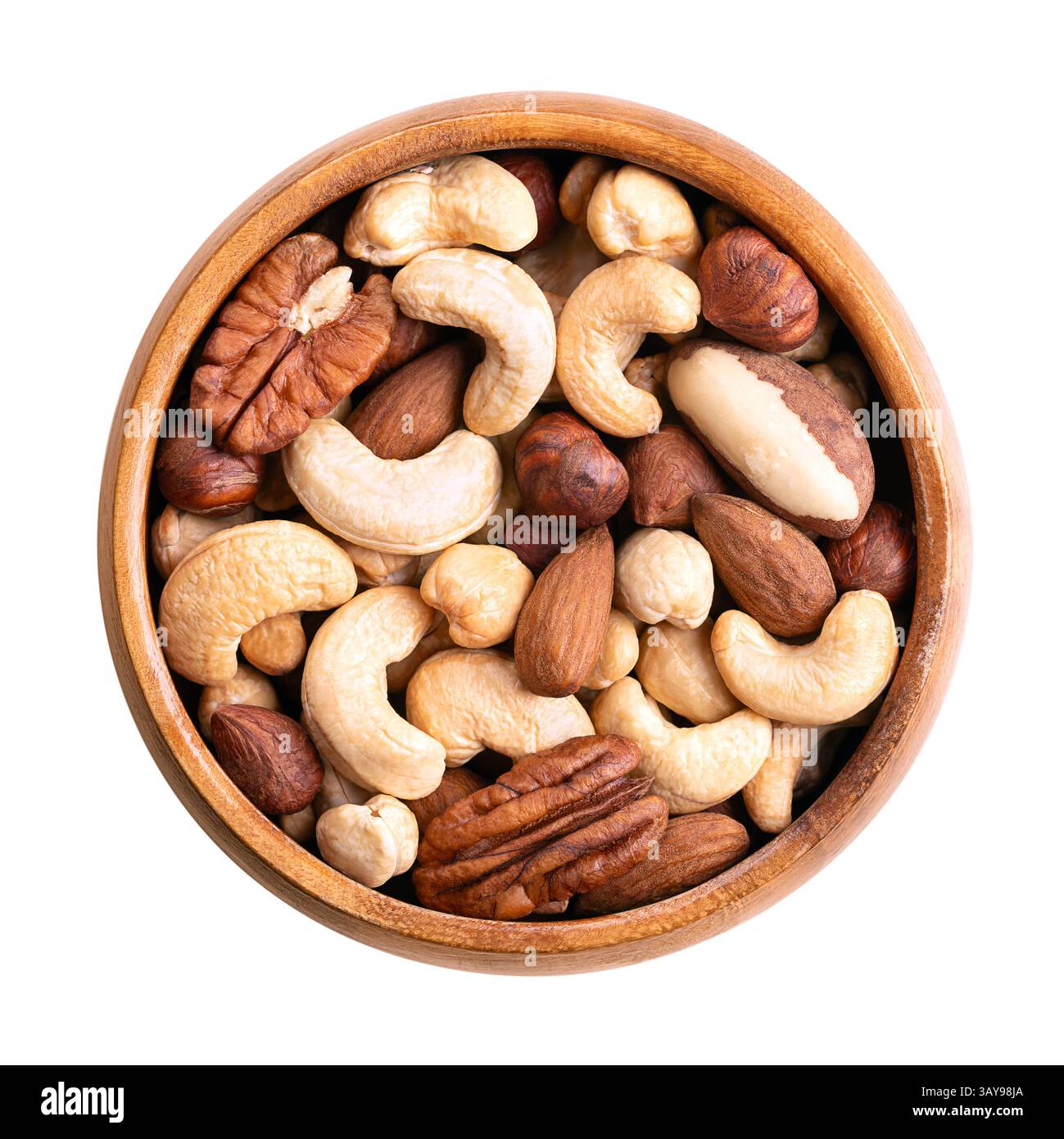 Roasted fancy nut mix, snack food in a wooden bowl. Roasted cashews ...