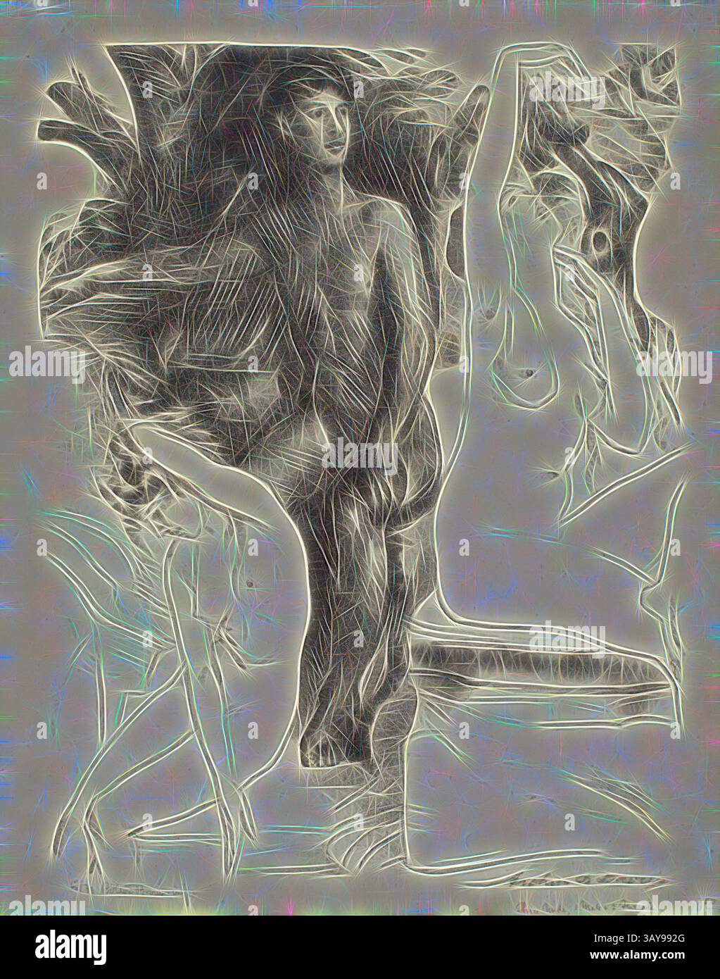 A stylized representation of human figures intertwined with abstract ...