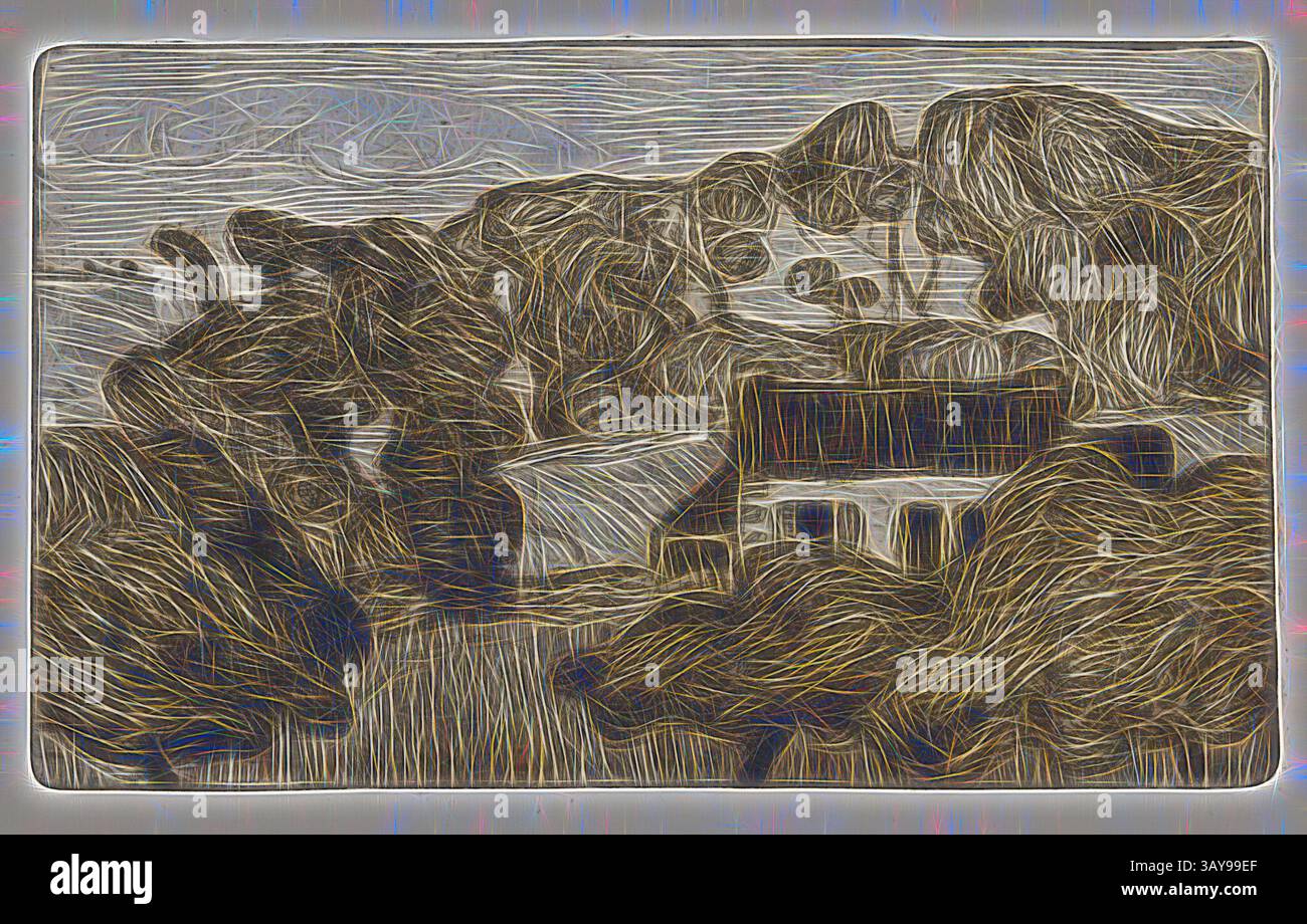 A serene landscape features rolling hills and stylized trees, with a ...