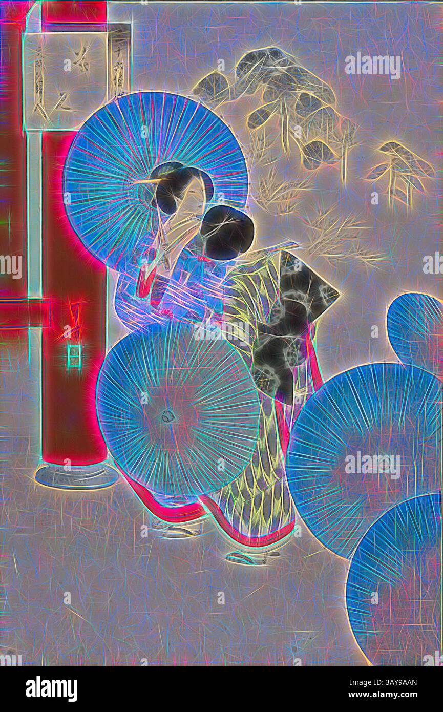 Three figures dressed in traditional attire hold vibrant parasols ...