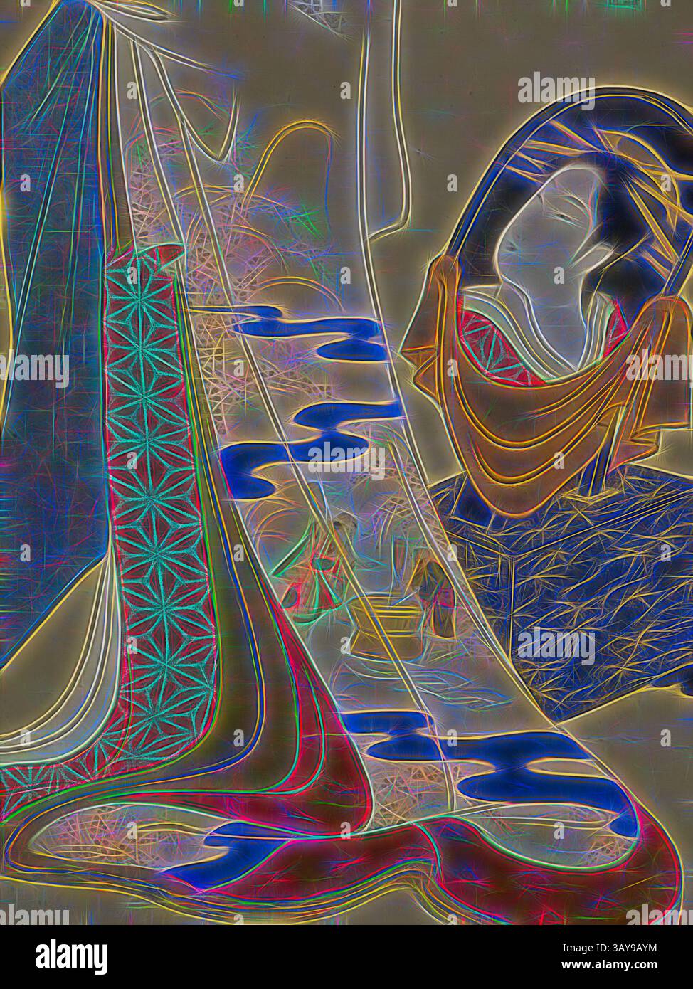 A stylized scene featuring intricate patterns and vibrant colors ...