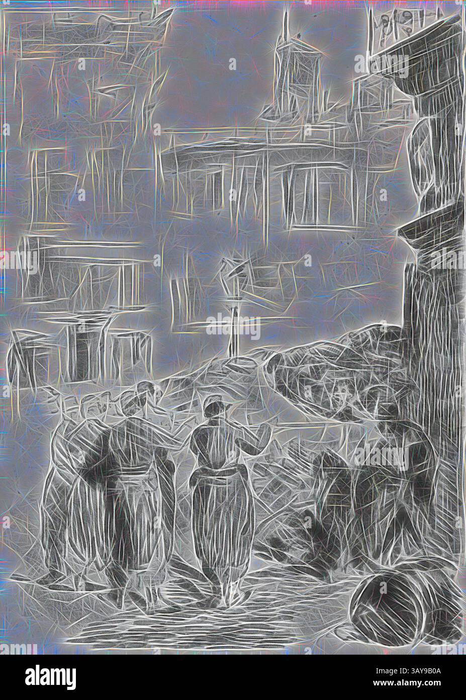 A bustling street scene captures figures in traditional attire, moving ...